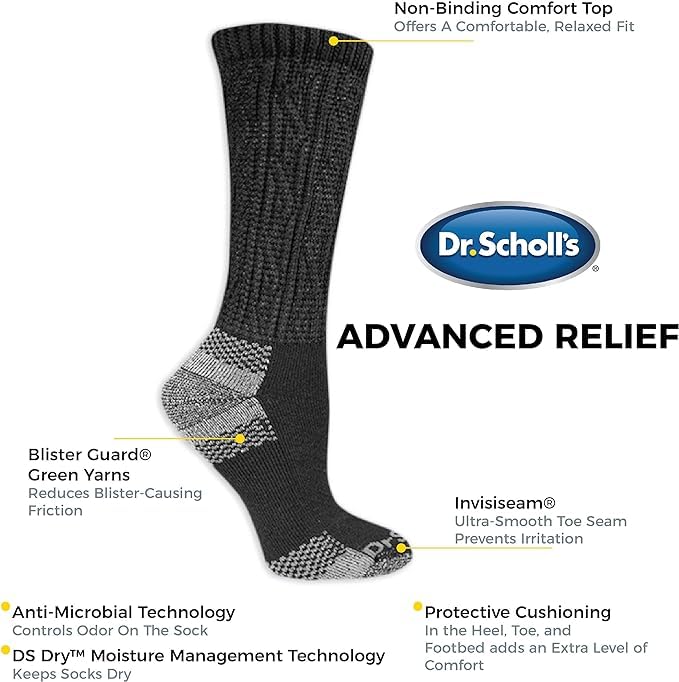 Dr. Scholl's Men's Advanced Relief Blister Guard Crew Socks, White, Shoe Size: 4-10