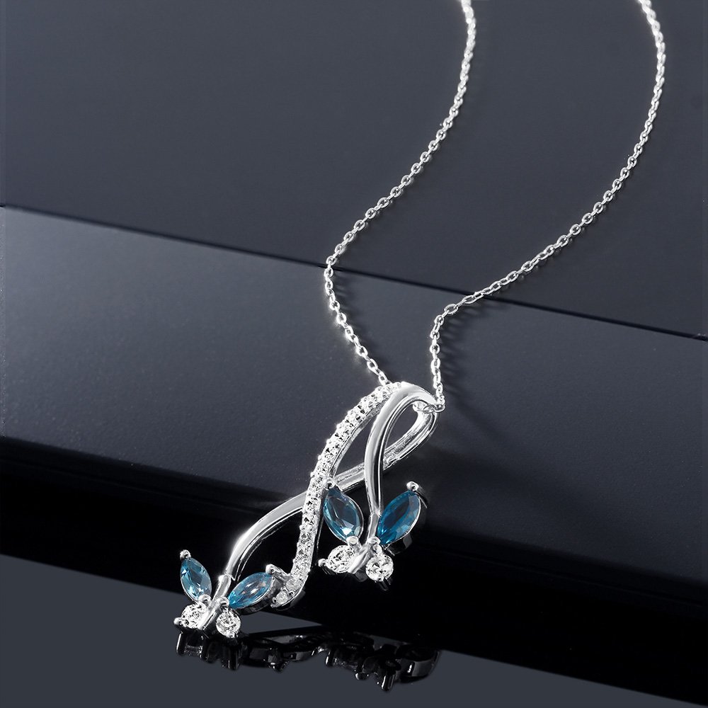 Gem Stone King 925 Sterling Silver London Blue Topaz Butterfly Pendant Necklace For Women (1.49 Cttw, Marquise Cut, Gemstone Birthstone, with 18 Inch Silver Chain)