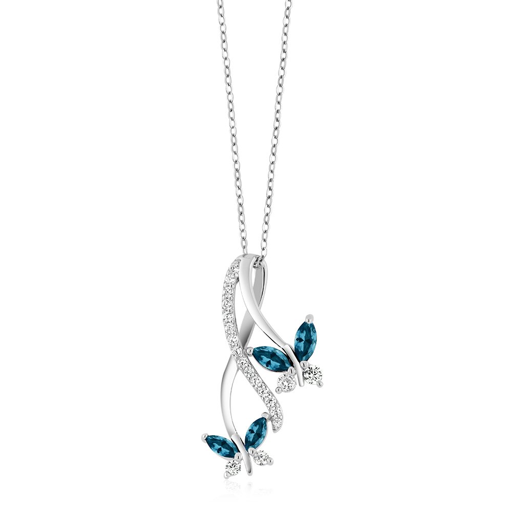 Gem Stone King 925 Sterling Silver London Blue Topaz Butterfly Pendant Necklace For Women (1.49 Cttw, Marquise Cut, Gemstone Birthstone, with 18 Inch Silver Chain)