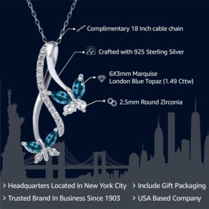 Gem Stone King 925 Sterling Silver London Blue Topaz Butterfly Pendant Necklace For Women (1.49 Cttw, Marquise Cut, Gemstone Birthstone, with 18 Inch Silver Chain)