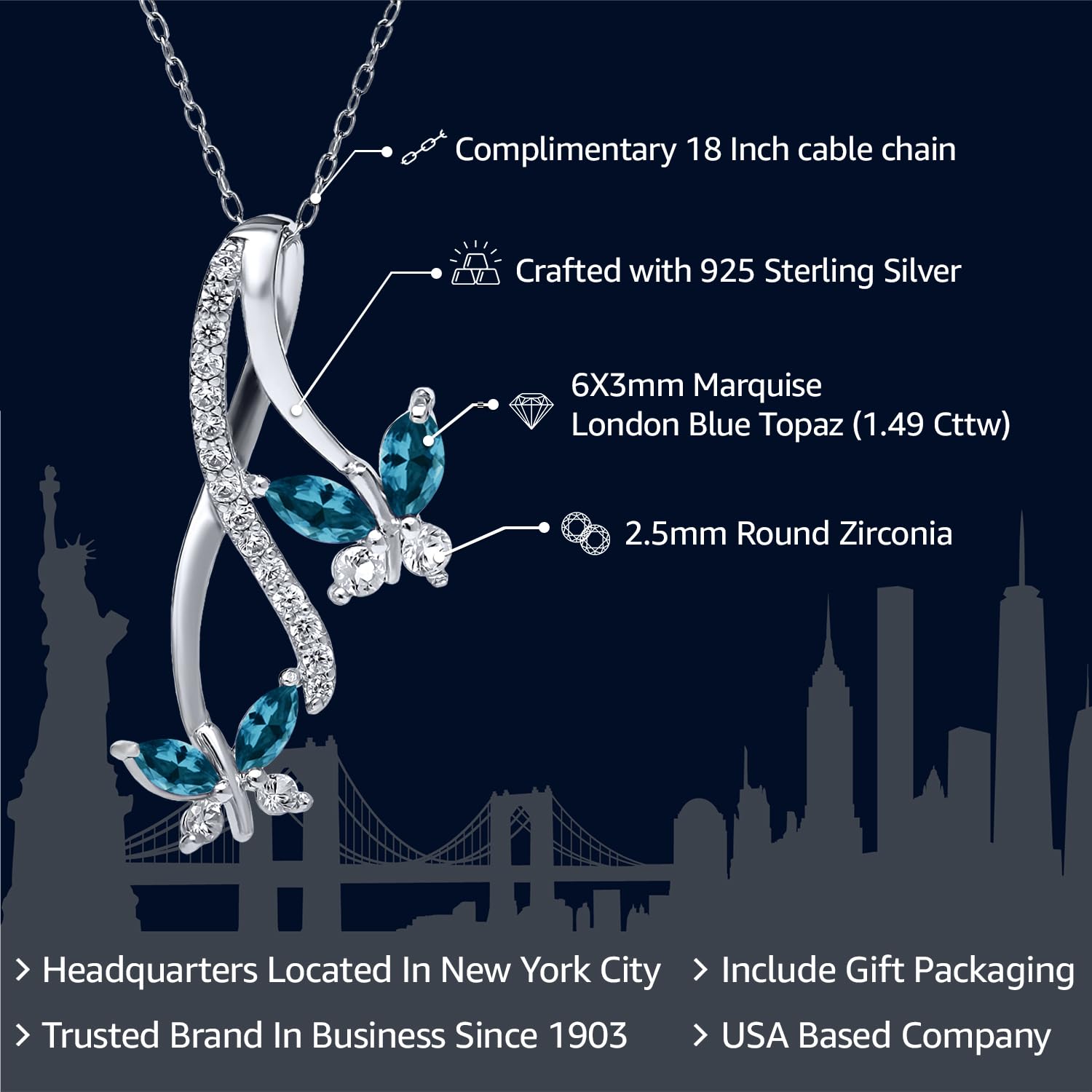 Gem Stone King 925 Sterling Silver London Blue Topaz Butterfly Pendant Necklace For Women (1.49 Cttw, Marquise Cut, Gemstone Birthstone, with 18 Inch Silver Chain)