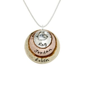 my three treasures personalized charm necklace with 925 silver, gold and rose gold plated discs. customized with any words or names of your choice. gifts for her, mother, grandmother, wife