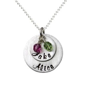 my two joys personalized sterling silver name necklace. customize with your choice of characters. matted finish. 2 swarovski birthstones. includes sterling silver chain. gifts for her, mother, wife