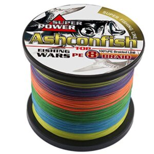 ashconfish braided fishing line- 8 strands super strong pe fishing wire heavy tensile for saltwater & freshwater fishing -abrasion resistant - zero stretch- 300m/328yards 70lb multi color