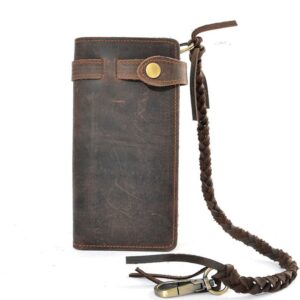 rs mens wallet with chain leather long bifold trucker wallet vintage biker money clip with zipper,dark brown