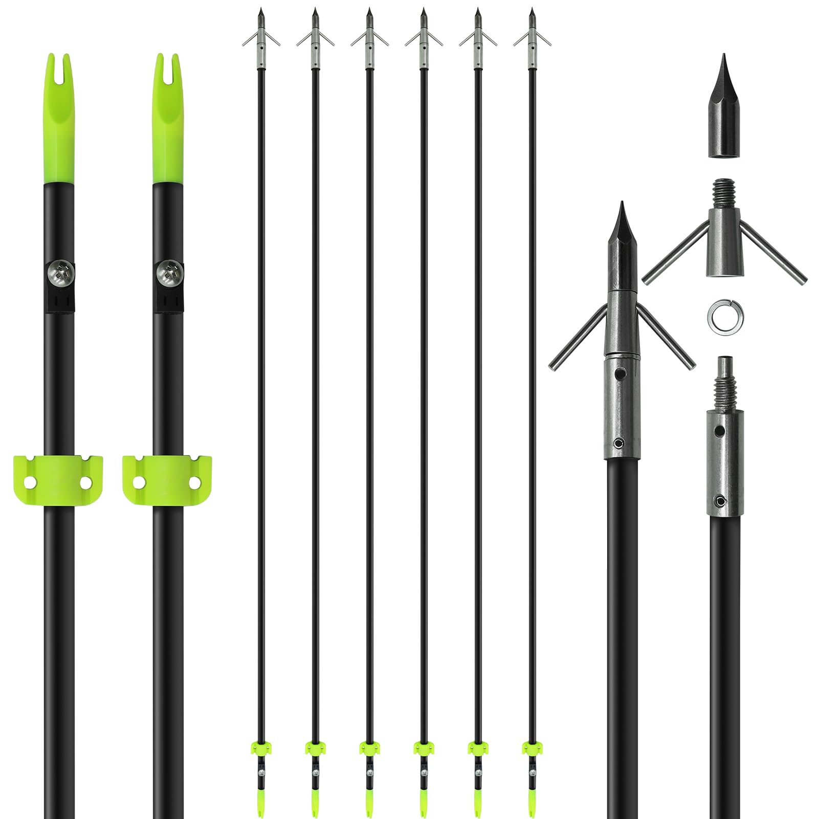 HBG 6Pcs 34'' Solid Fiberglass Fishing Arrows 8mm Bow Fishing Arrows with Points Archery Fish Arrows for Compound Bow and Recurve Bow Hunting Fishing