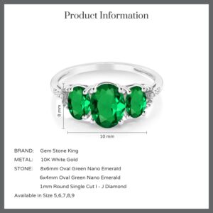 Gem Stone King 10K White Gold Green Simulated Emerald and Diamond Accent 3-Stone Engagement Ring For Women (1.85 Cttw) (Size 7)