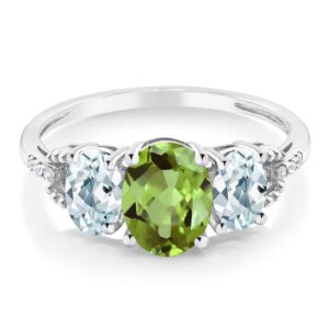 Gem Stone King 10K White Gold Oval Green Peridot Sky Blue Aquamarine & Diamond Accent 3 Stone Engagement Ring | 2.24 Cttw | 3 Stone Wedding Anniversary Promise Ring For Women (Size 7)