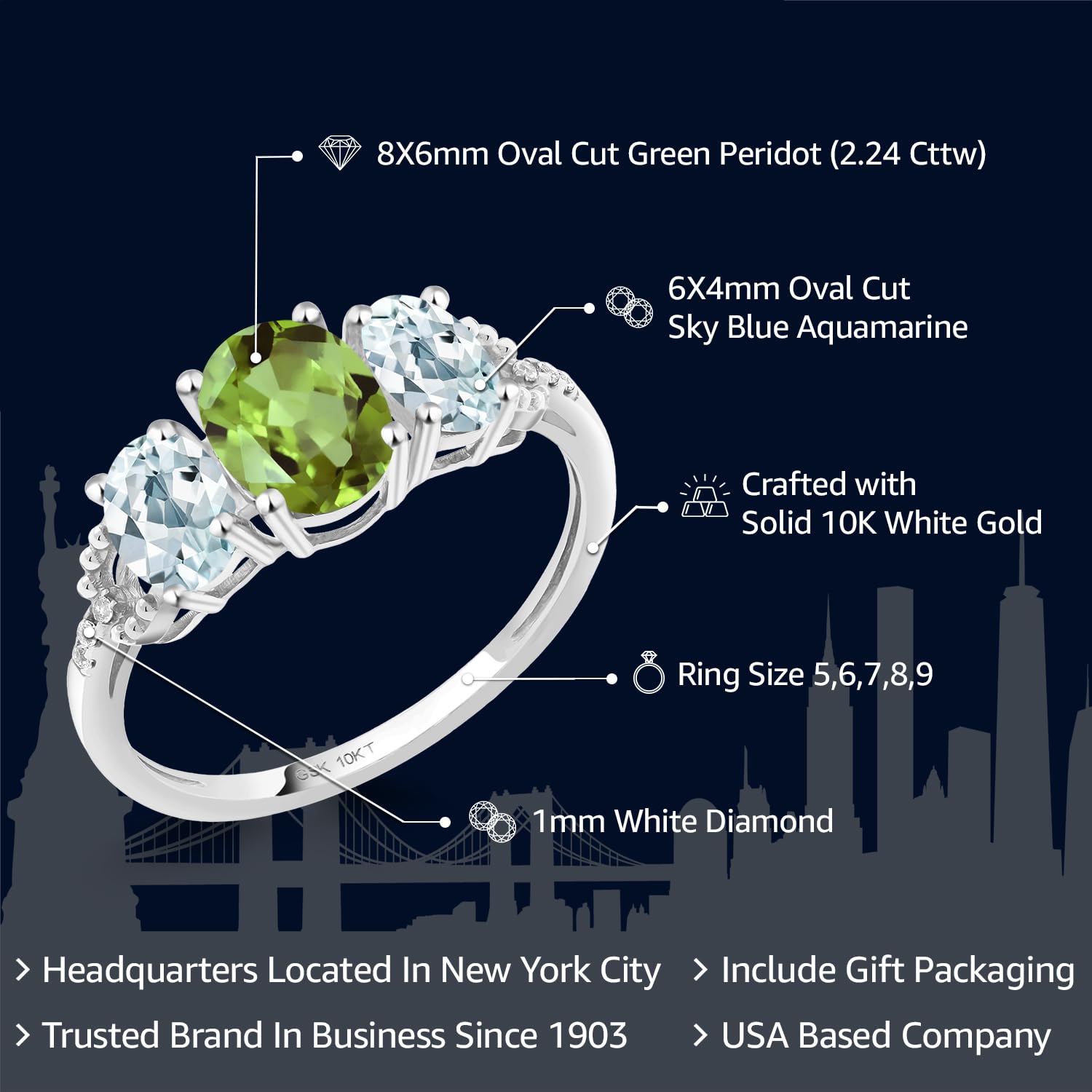 Gem Stone King 10K White Gold Oval Green Peridot Sky Blue Aquamarine & Diamond Accent 3 Stone Engagement Ring | 2.24 Cttw | 3 Stone Wedding Anniversary Promise Ring For Women (Size 7)