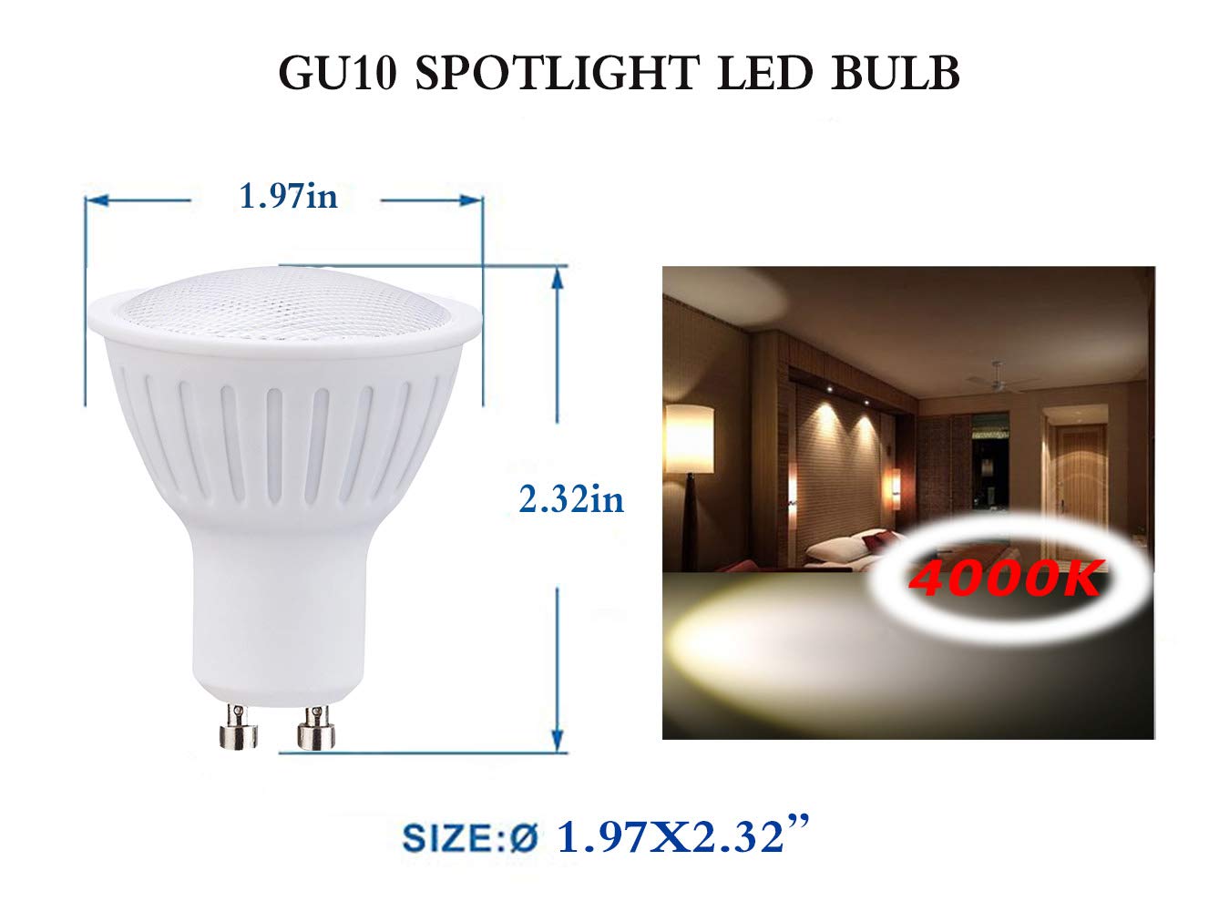 YMZM GU10 7Watt LED Spotlight Bulbs (Equivalent 65watt Halogen Bulbs) 4000K Natural White 700Lumen MR16 LED Light Bulb 120Volt 120 Degree GU10 Base Dimmable Indoor Led Light Bulbs (Pack of 4)