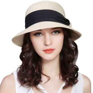 lanzom sun hats for women wide brim straw hat summer beach hat foldable packable cap for travel outdoor (beige)