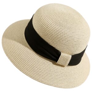 Lanzom Sun Hats for Women Wide Brim Straw Hat Summer Beach Hat Foldable Packable Cap for Travel Outdoor (Beige)