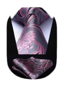 hisdern paisley tie for men classic extra long pink ties and pocket square formal necktie with handkerchief for big and tall men wedding