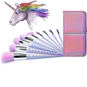 ammiy unicorn makeup brushes with colorful bristles unicorn horn shaped handles fantasy makeup tools foundation eyeshadow unicorn brush kit with a cute iridescent carrying case(10 pieces)