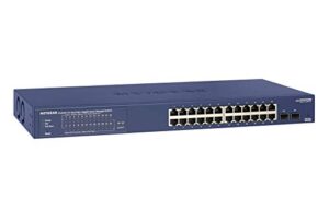 netgear 26-port poe gigabit ethernet smart switch (gs724tp) - managed, 24 x 1g, 24 x poe+ @ 190w, 2 x 1g sfp, optional insight cloud management, desktop or rackmount, and limited lifetime protection