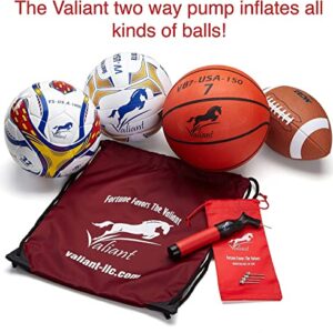 Valiant Sports Ball Pump Inflator with 5 Needles (Pin) and Pouch, Dual Action Hand Held Portable Air Pump with pins to Inflate Soccer Ball, Football, Volleyball, Rugby,Netball & Basketball (Red)