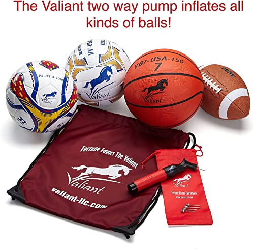 Valiant Sports Ball Pump Inflator with 5 Needles (Pin) and Pouch, Dual Action Hand Held Portable Air Pump with pins to Inflate Soccer Ball, Football, Volleyball, Rugby,Netball & Basketball (Red)