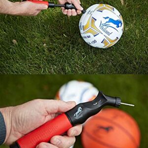 Valiant Sports Ball Pump Inflator with 5 Needles (Pin) and Pouch, Dual Action Hand Held Portable Air Pump with pins to Inflate Soccer Ball, Football, Volleyball, Rugby,Netball & Basketball (Red)