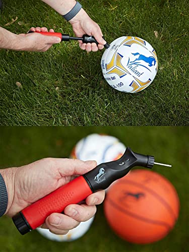 Valiant Sports Ball Pump Inflator with 5 Needles (Pin) and Pouch, Dual Action Hand Held Portable Air Pump with pins to Inflate Soccer Ball, Football, Volleyball, Rugby,Netball & Basketball (Red)