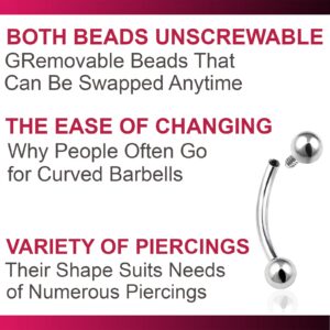 bodyjewellery 2pcs 16g Internal Thread Curved Barbell Cartilage Lip Tragus Eyebrow Helix Conch Stud Surgical Steel Labret Stud - 8mm