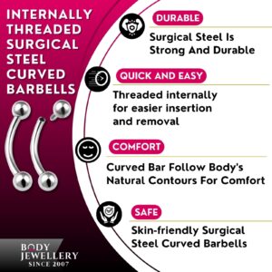 bodyjewellery 2pcs 16g Internal Thread Curved Barbell Cartilage Lip Tragus Eyebrow Helix Conch Stud Surgical Steel Labret Stud - 8mm