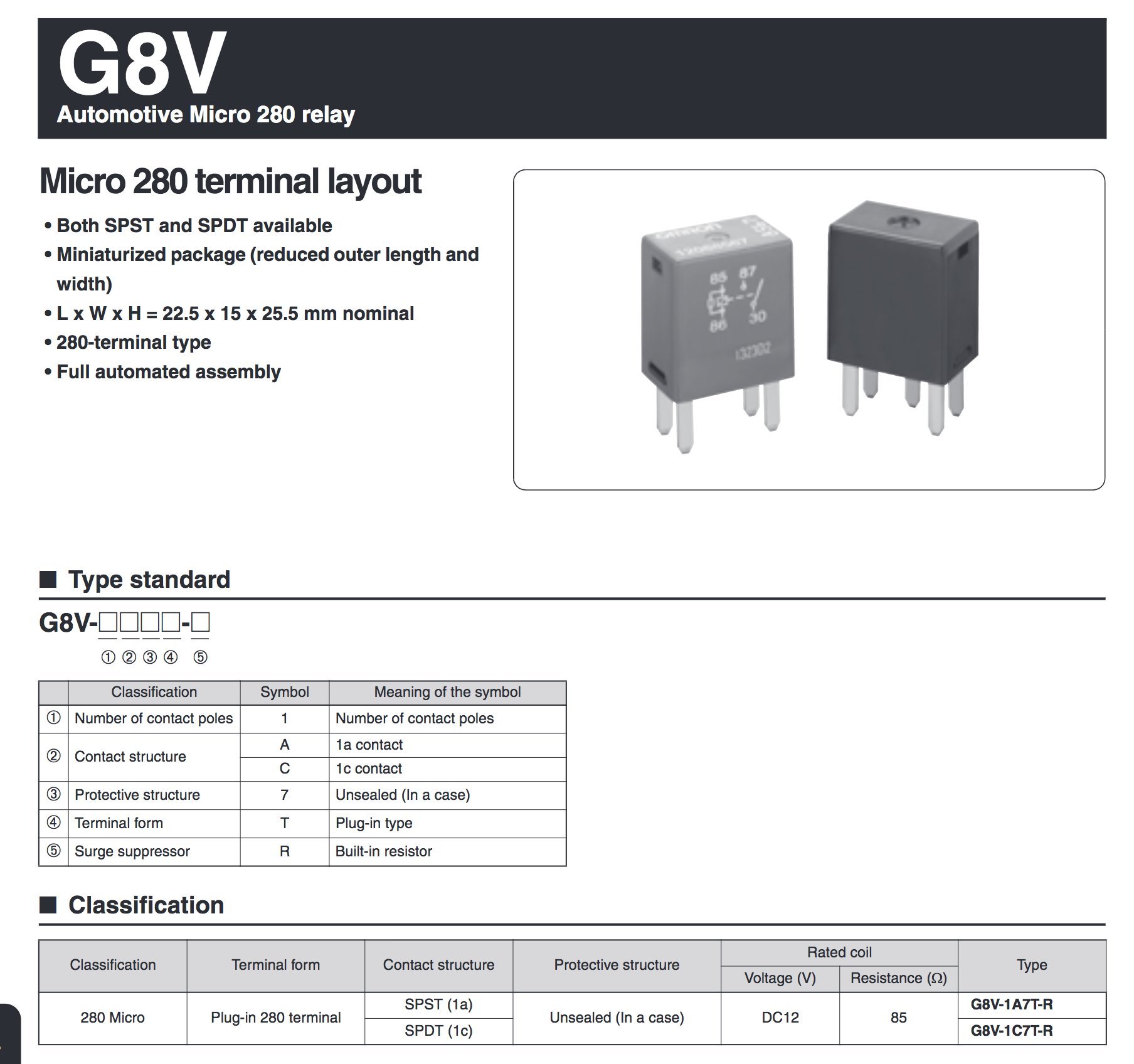 OMRON ELECTRONIC COMPONENTS - G8V-RH-1C7T-R-DC12 (2 Pieces)- MICRO AUTOMOTIVE RELAY, SPDT, 12VDC, 20A