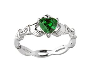 claddagh ring for women made in ireland 925 sterling silver with brilliant green cubic zirconia heart woven band detail made by irish artisan jewelers, size 6.5