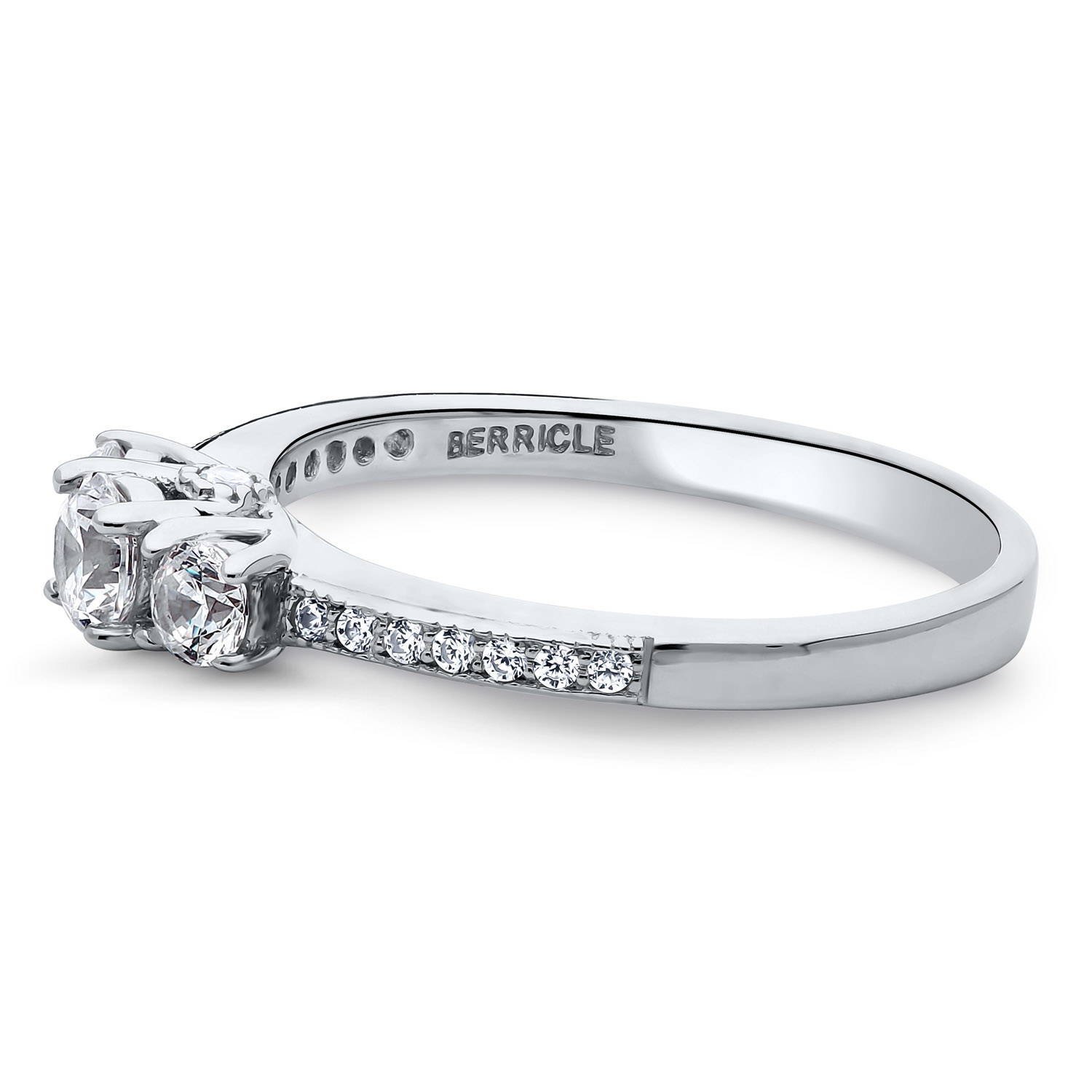 BERRICLE Sterling Silver 3-Stone Wedding Engagement Rings Round Cubic Zirconia CZ Promise Ring for Women, Rhodium Plated Size 7.5