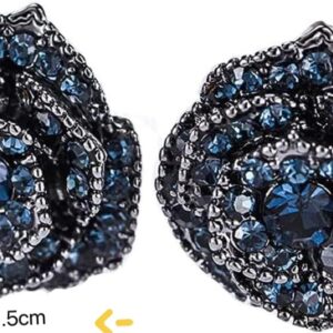 Silver Plated Rose Flower Earring Black Blue Crystal Women Fashion Enchanted Stud Earrings Rhinestone Teardrop Flower Earrings(Blue)