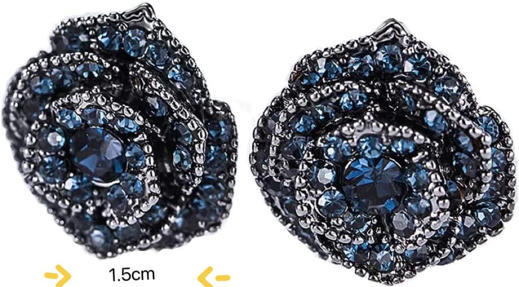 Silver Plated Rose Flower Earring Black Blue Crystal Women Fashion Enchanted Stud Earrings Rhinestone Teardrop Flower Earrings(Blue)