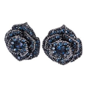 silver plated rose flower earring black blue crystal women fashion enchanted stud earrings rhinestone teardrop flower earrings(blue)