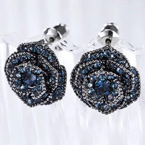 Silver Plated Rose Flower Earring Black Blue Crystal Women Fashion Enchanted Stud Earrings Rhinestone Teardrop Flower Earrings(Blue)