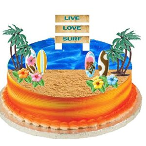 Surf Cake Topper with Sugar Surfboards, Sugar Hibiscus Flowers, Palm Trees and Surf Sign