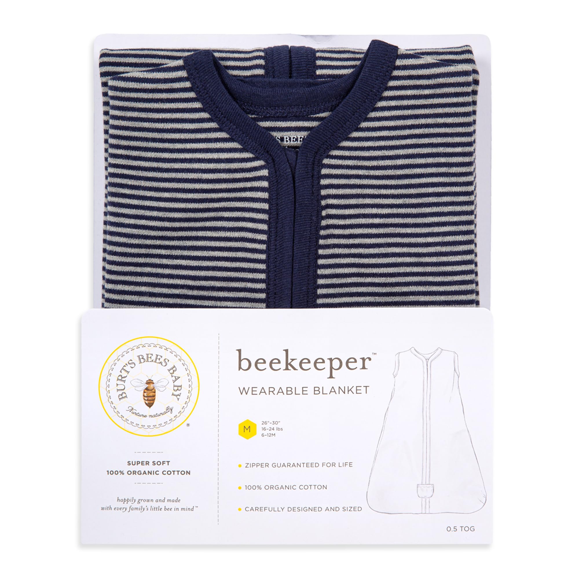 Burt's Bees Baby Baby Beekeeper Wearable Blanket, 100% Organic Cotton, Swaddle Transition Sleeping Bag, Midnight Stripe, Medium