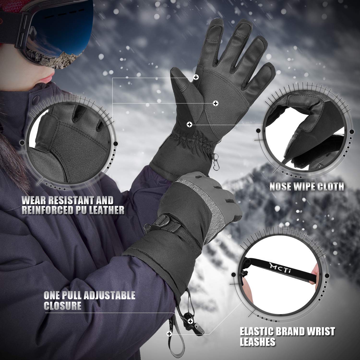 MCTi Ski Gloves,Winter Waterproof Snowboard Snow 3M Thinsulate Warm Touchscreen Cold Weather Women Gloves Wrist Leashes Grey Medium