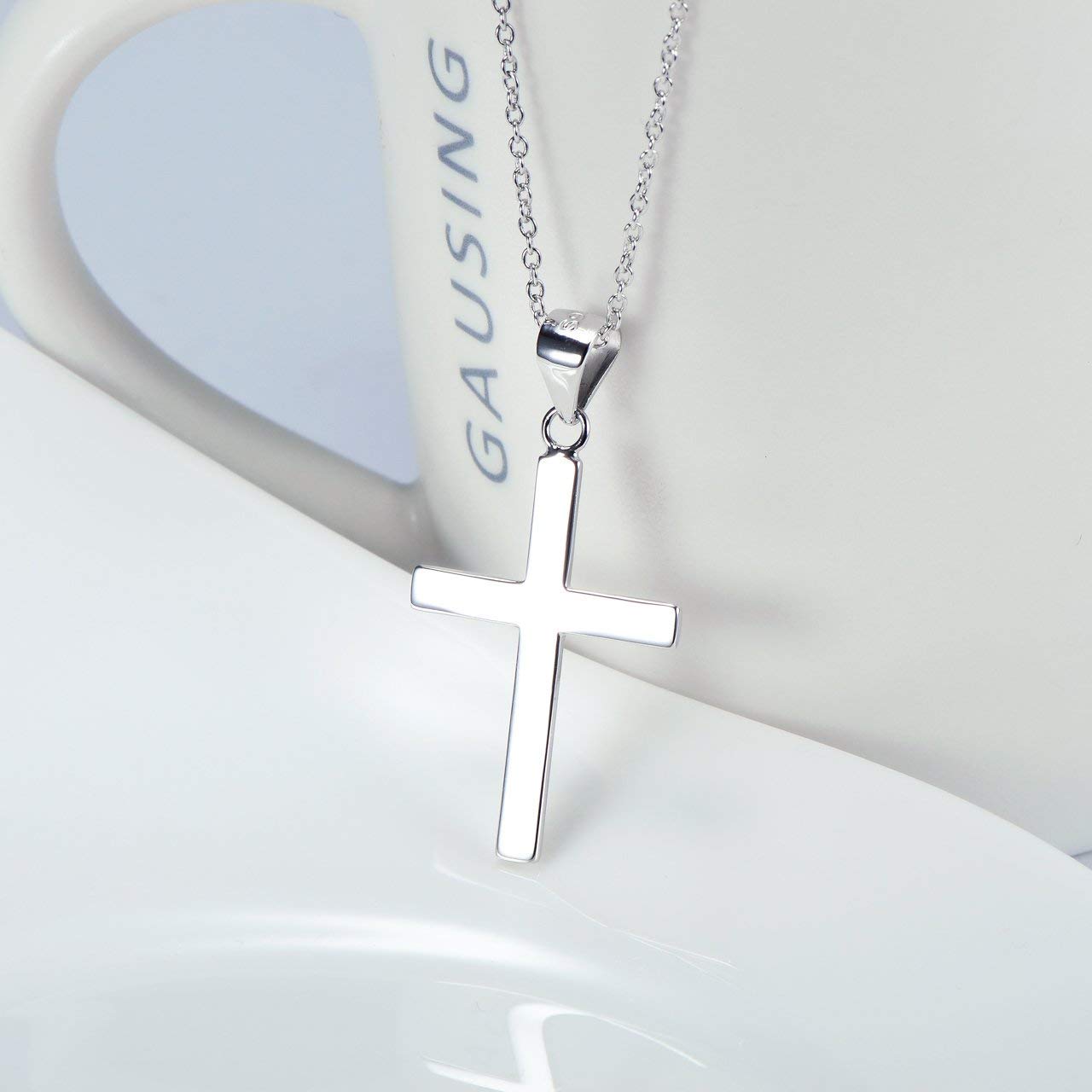 LUHE Small Cross Necklace Sterling Silver White Gold Plated Father Daughter Necklace for Men Women