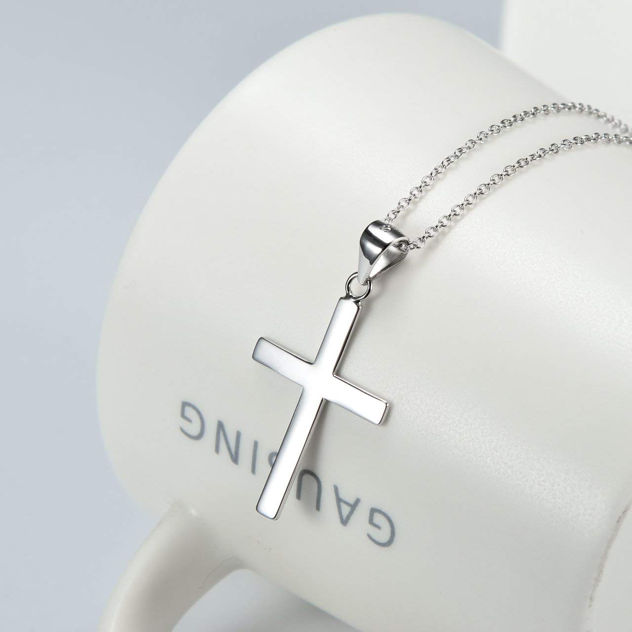 LUHE Small Cross Necklace Sterling Silver White Gold Plated Father Daughter Necklace for Men Women