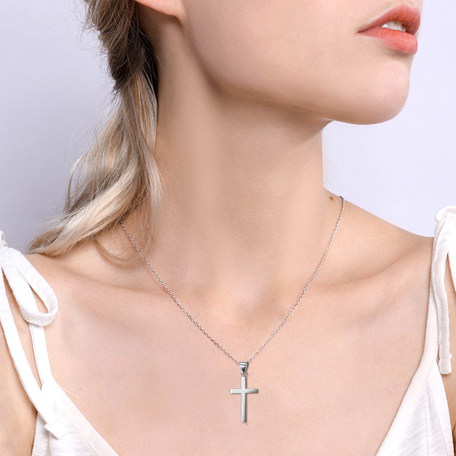 LUHE Small Cross Necklace Sterling Silver White Gold Plated Father Daughter Necklace for Men Women