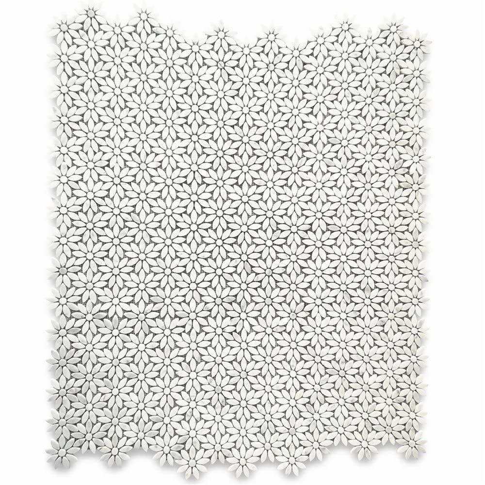 Stone Center Online Carrara White Marble Daisy Flower Pattern Mosaic Tile Honed Kitchen Bath Wall Floor Backsplash Shower (1 Sheet)