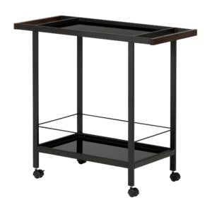 south shore metal bar cart on wheels with glass shelves, black tempered glass