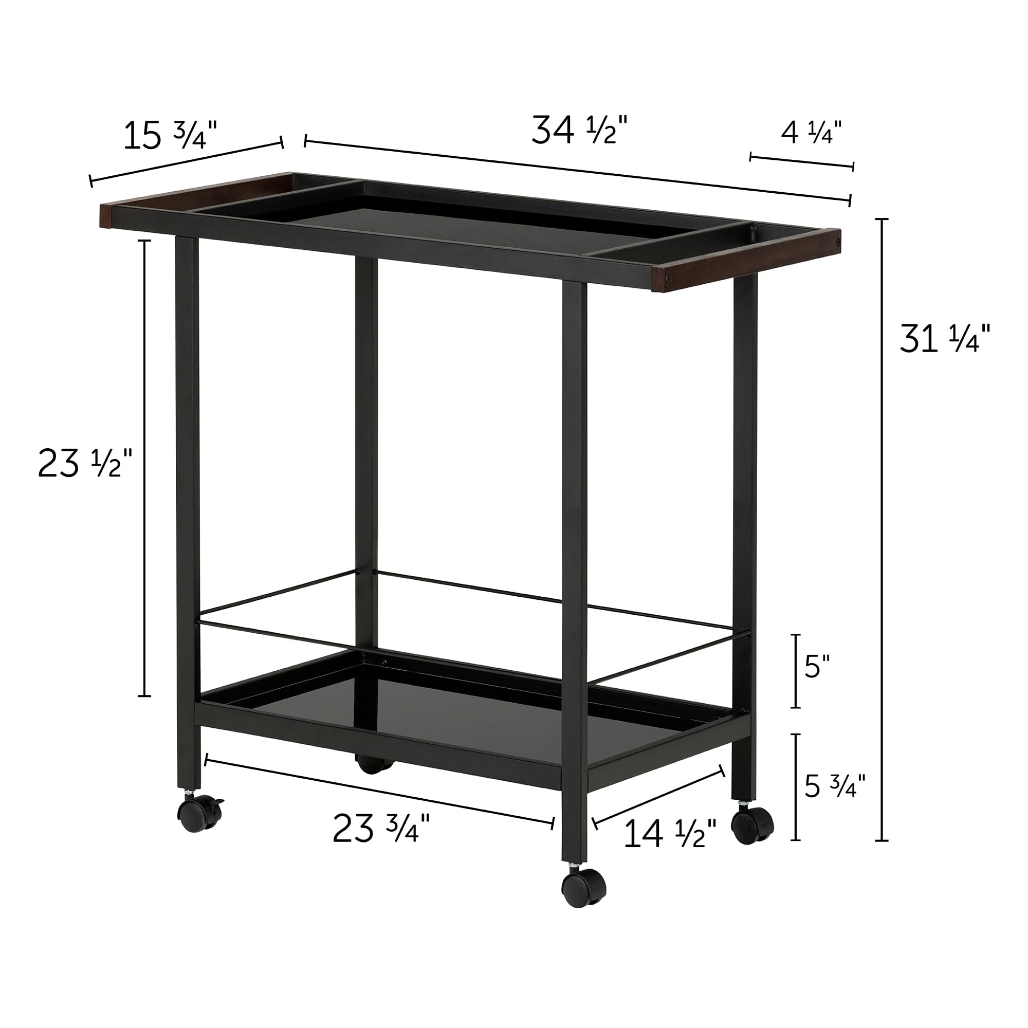 South Shore Metal Bar Cart on Wheels with Glass Shelves, Black Tempered Glass