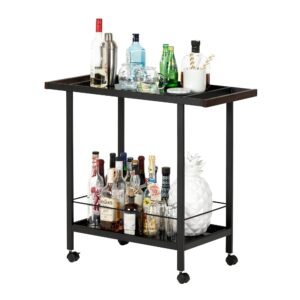 South Shore Metal Bar Cart on Wheels with Glass Shelves, Black Tempered Glass