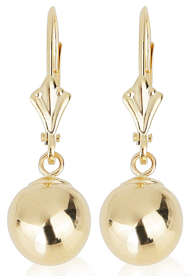 14k Yellow Gold Drop Earrings with Round Gold Ball (Lever back Ball Earrings, Balls Available in 5-8 mm) (5 mm)