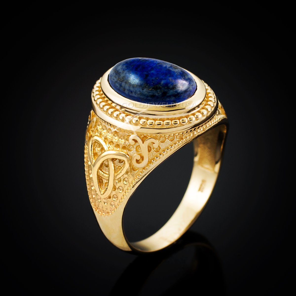 14K Yellow Gold Celtic Trinity Lapis Lazuli Gemstone Statement Ring (6)