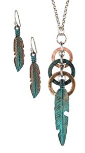 spunkysoul feather circle long necklace for women collection (3 toned patina copper)