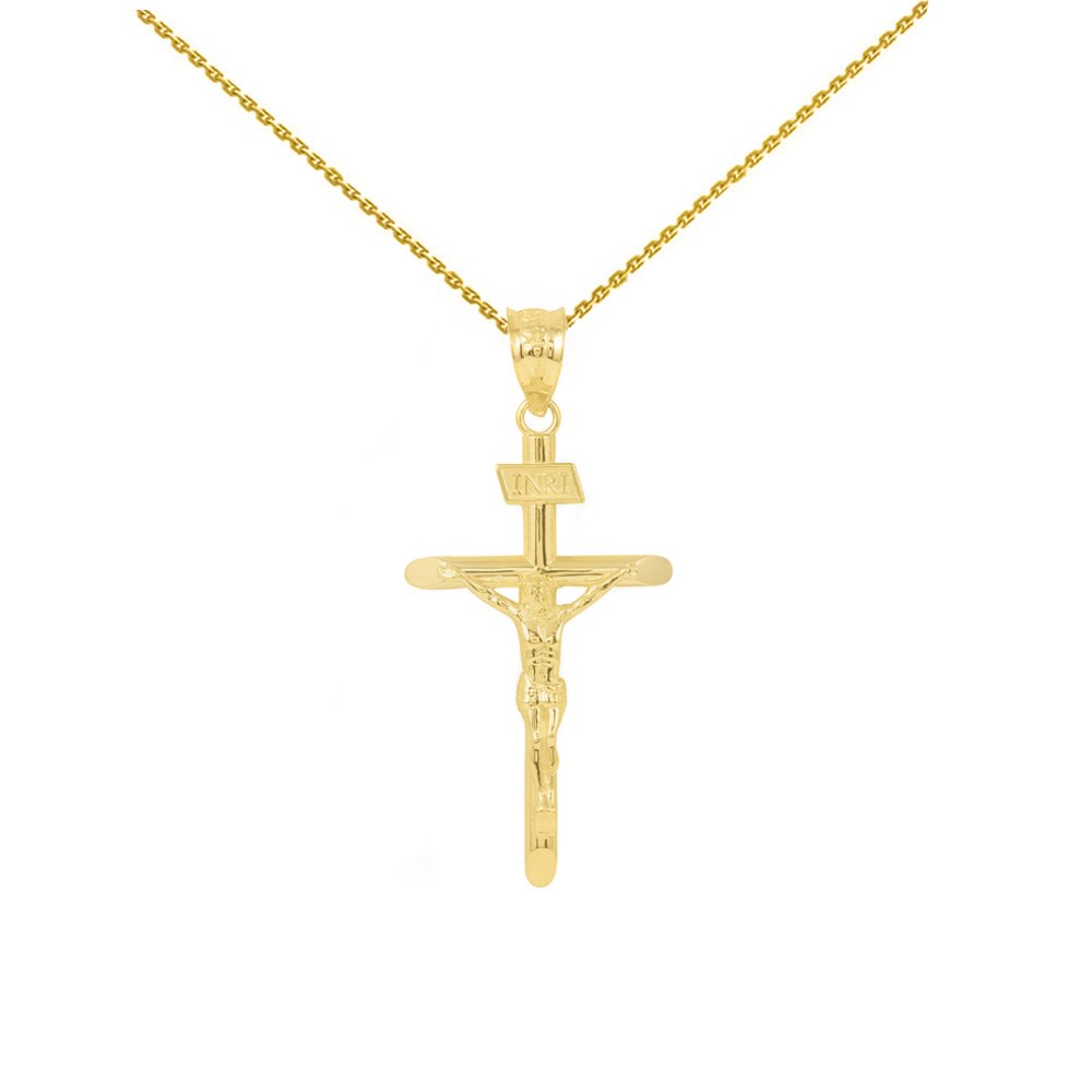 10K Yellow Gold 1-3/8" Christian Catholic Jesus Christ on INRI Cross Crucifix Pendant Necklace - 18"