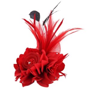 ACTLATI Charming Mesh Feather Hair Clip Women Girls Hairpin Cocktail Party Flower Barrette Fascinator Hat, Red, One Size