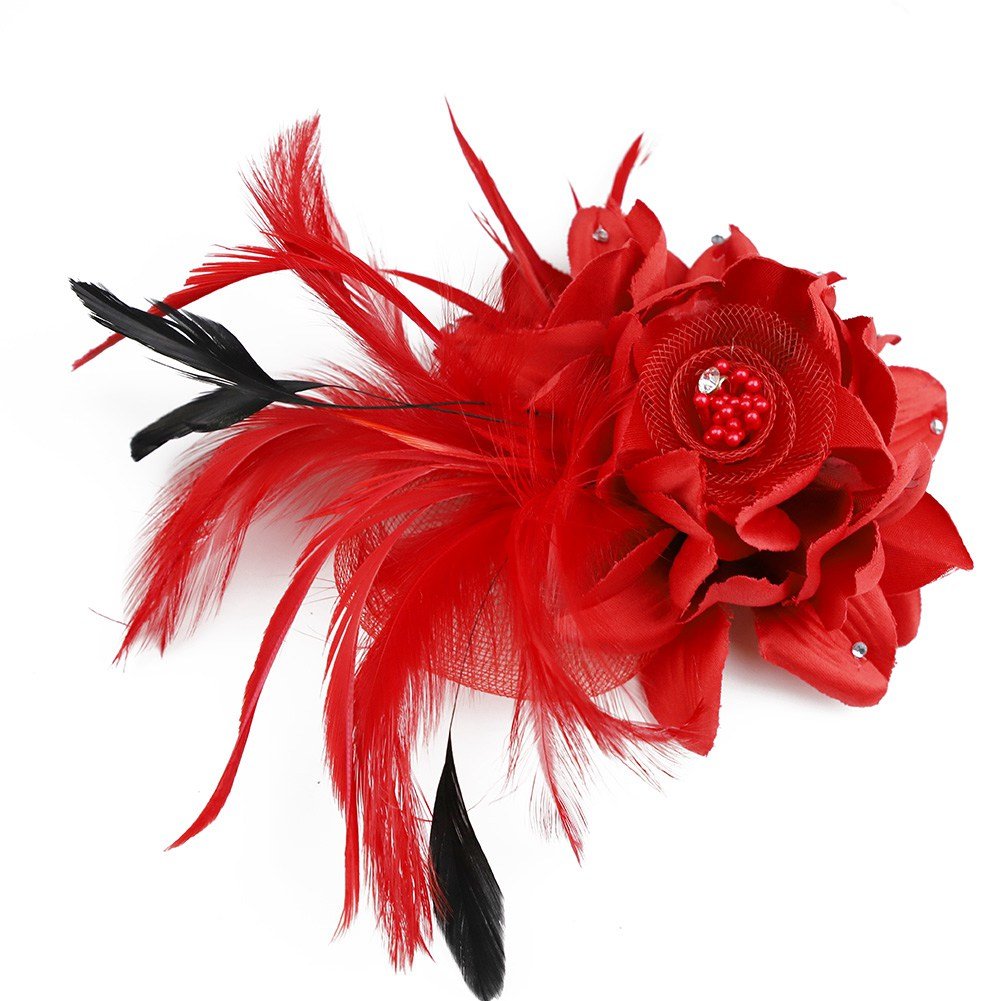 ACTLATI Charming Mesh Feather Hair Clip Women Girls Hairpin Cocktail Party Flower Barrette Fascinator Hat, Red, One Size