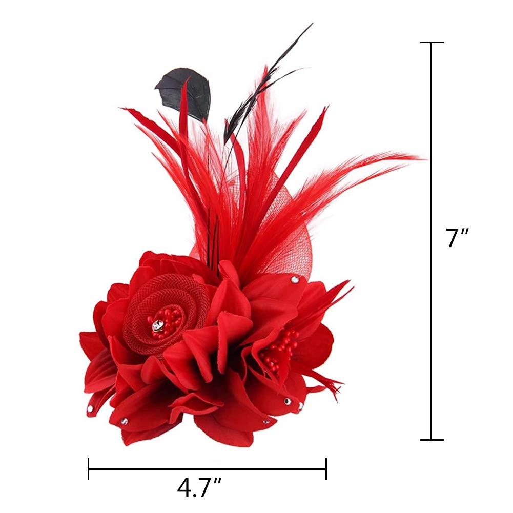 ACTLATI Charming Mesh Feather Hair Clip Women Girls Hairpin Cocktail Party Flower Barrette Fascinator Hat, Red, One Size