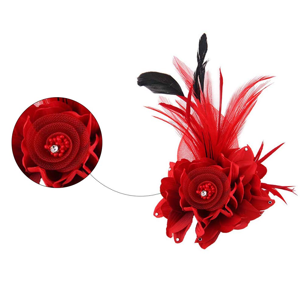 ACTLATI Charming Mesh Feather Hair Clip Women Girls Hairpin Cocktail Party Flower Barrette Fascinator Hat, Red, One Size